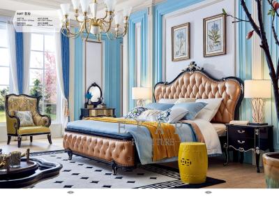 China Wooden Carved Design Royal Leather Solid Wood Bed for sale