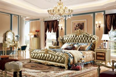 China Upholstered Leather Luxury Wood Carving Super King Size Bed for sale