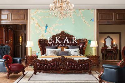 China Oak Wood Carving Luxury Classic Design Bedroom Leather King Size Bed for sale