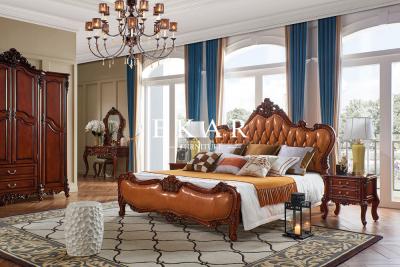 China Royal Hand Carved Bedroom king size bed with leather Carvng headboard for sale