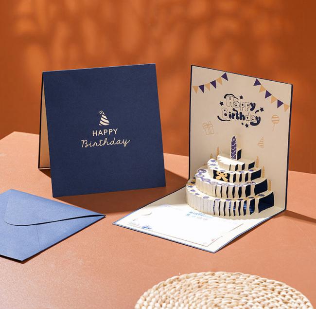 Blue theme 3D birthday cake greeting card showcasing vibrant color and detailed design