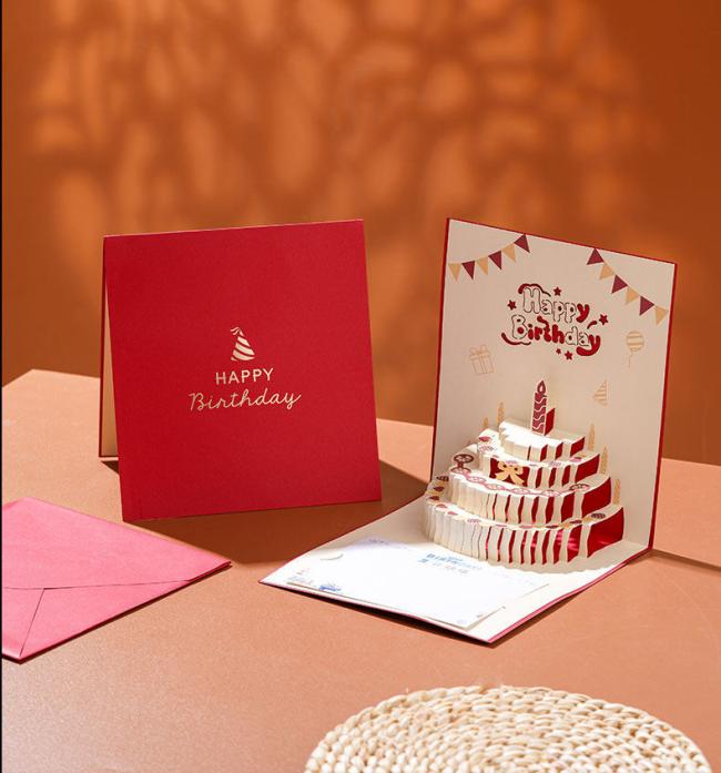 Red theme 3D birthday cake greeting card featuring elegant color scheme