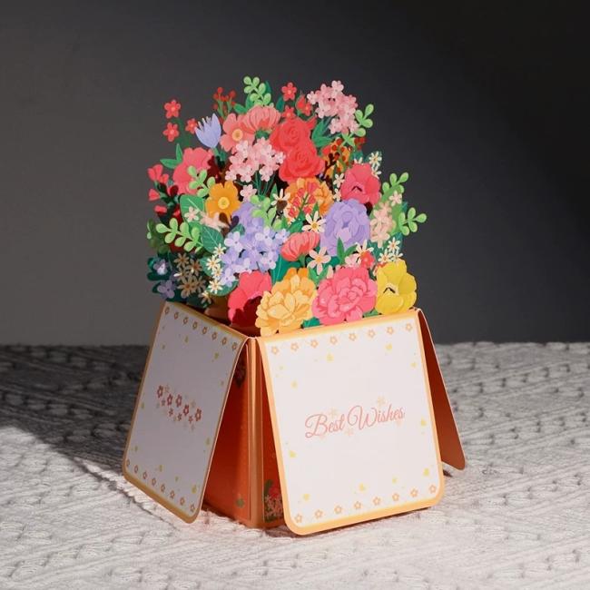 Floral pop up greeting card box display showing intricate 3D design