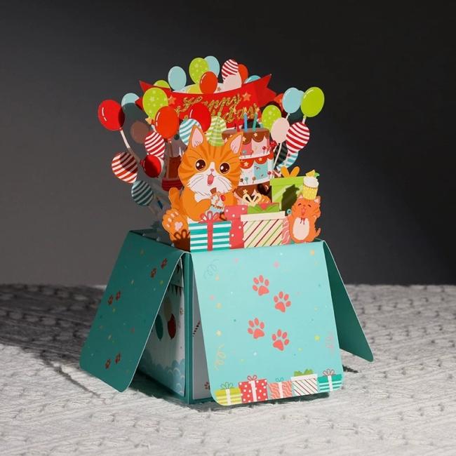 Cute cat birthday pop up card box with playful design elements