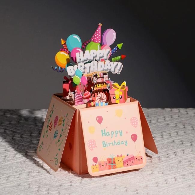 3D pop up birthday greeting card box showcasing multi-layer construction