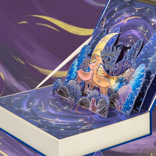 Starlit deer pop up card angle view showing the detailed 3D pop-up scene from different perspective