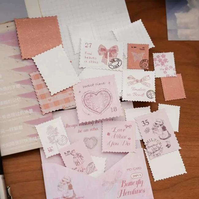 Pink bow rose stamp sticker set with elegant floral design and scalloped edges