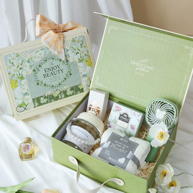 Luxury rigid gift box with ribbon handle and floral pattern design
