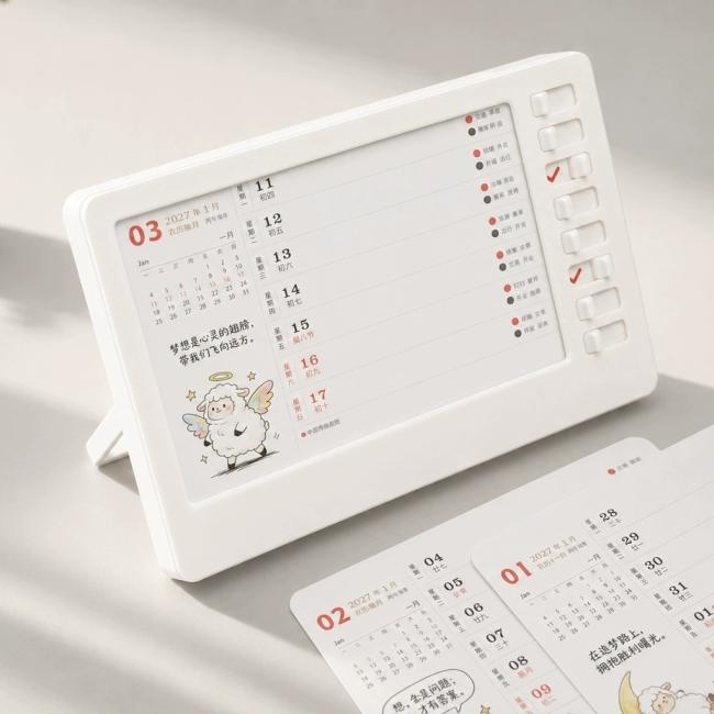 Daily schedule inserts and calendar details showing replaceable paper system