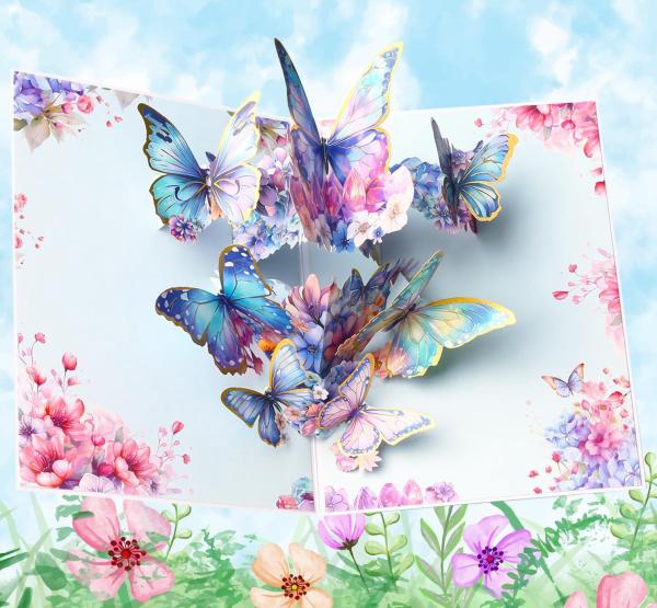 Quality Aurora Blue 3D Pop-Up Butterfly Gold Foil Greeting Card for sale