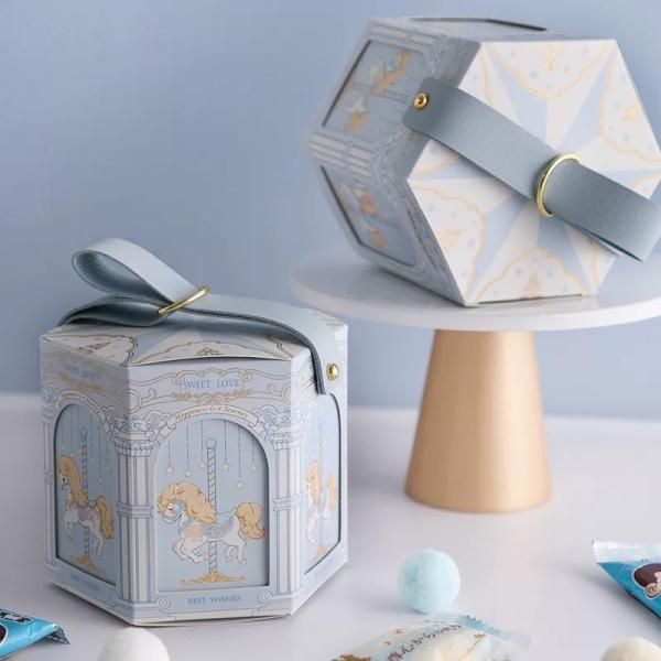 Quality Hexagonal Paper Favor Boxes Strap Handle For Wedding Party Candy for sale