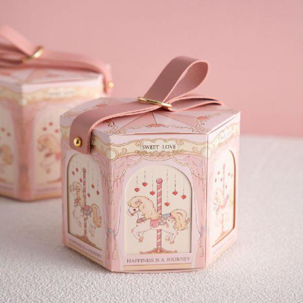 Quality Hexagonal Paper Favor Boxes Strap Handle For Wedding Party Candy for sale