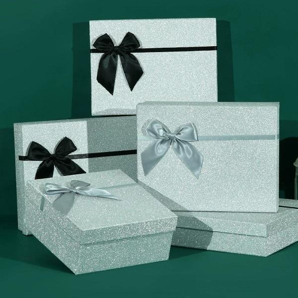 Quality Glitter Rigid Gift Box Lid and Base Packaging With Satin Bow Ribbon for sale