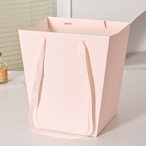 Quality Trapezoidal Paper Flower Bags with Ribbon Handles for Gift Packaging for sale