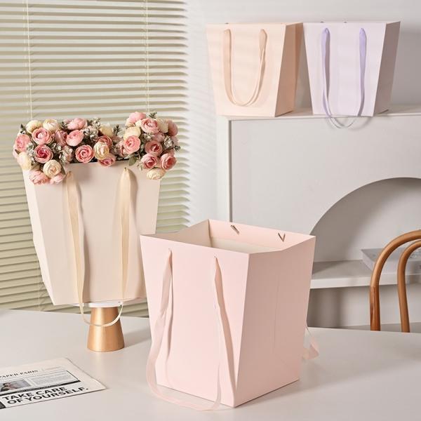 Quality Trapezoidal Paper Flower Bags with Ribbon Handles for Gift Packaging for sale