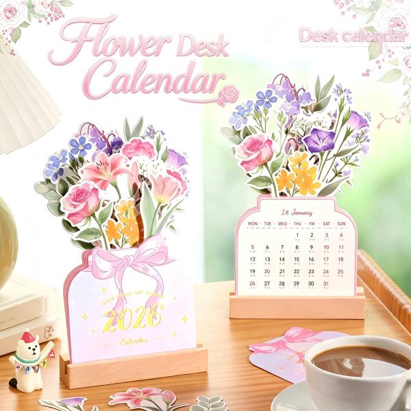 Quality 3D Desk Calendars With Die Cut Floral Design And Wooden Stand For Office Decor for sale