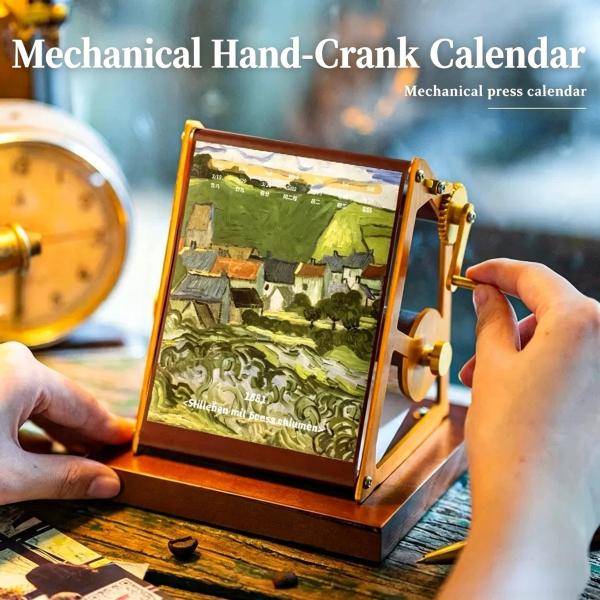 Quality Mechanical Hand-Crank Art Calendar With Wooden Stand For Office Decor for sale