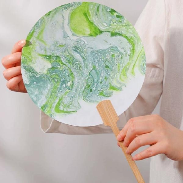 Quality Marbled Paint Art Round Paper Hand Fans With Wooden Handles For Cultural Gifts for sale