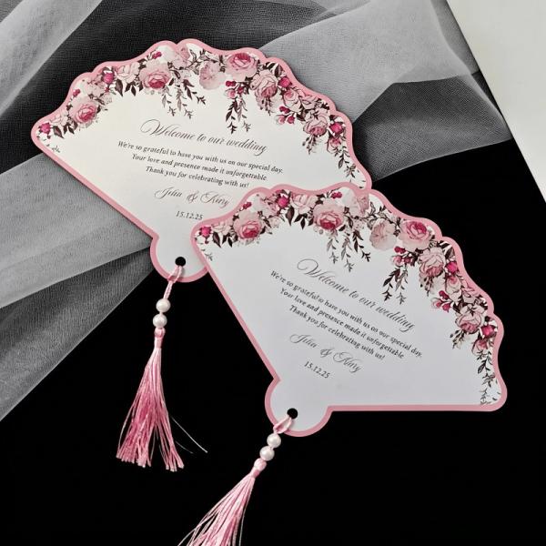 Quality Wedding Invitation Cards Handheld Scalloped Fan Shaped With Silk Tassels for sale