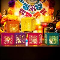 Quality Mini paper luminaries with calavera cut-outs for ofrenda altars for sale