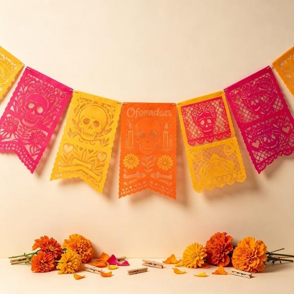 Quality Artisanal papel picado banners for ofrenda with traditional laser cut motifs for sale