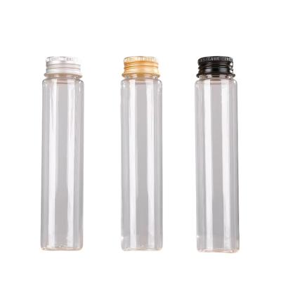 China 110ml Plastic Flat Bottom Test Tube Bottle Data Cable Line Tube With Screw Aluminum Gold Silver Black Cap Lid for sale