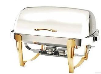 China Titanium Coating Oblong Chafing Dish Roll Top Lid Gold Legs and Handle 2-Compartment Stainless Steel Food Container for sale