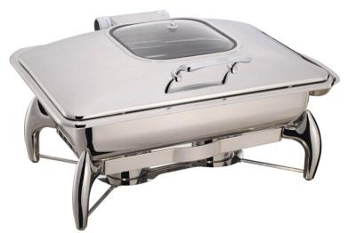 China Buffet Stainless Steel Cookwares Mechanical Hinge Induction Chafing Dish Full Size Food Pan 9.0Ltr Glass Window Lid for sale