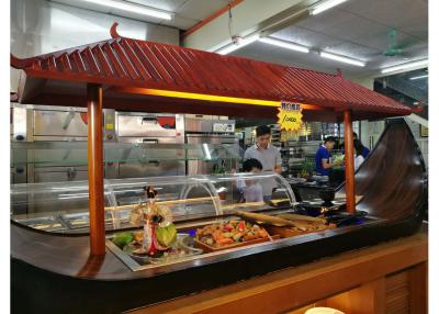 China Boat Shaped Commercial Buffet Equipment Mahogany Made Refrigerated Sushi Buffet Counter for sale