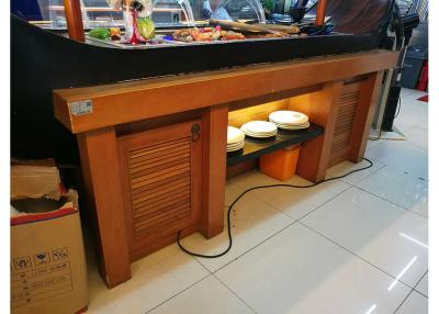 China Boat Shaped Commercial Buffet Equipment Mahogany Made Refrigerated Sushi Buffet Counter for sale