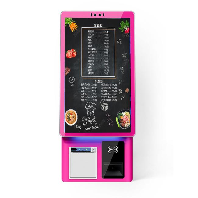 Self-service kiosk in retail environment with customer using touchscreen