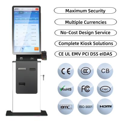 China 27 32 Inch Self Service Touch Screen Hotel Check in Kiosk Passport Scanner Card Dispenser A4 Ticket Printing Cash Payment Kiosk for sale