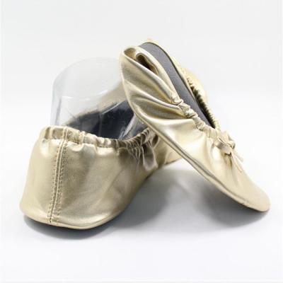 China Stock and Good Price of Soft Gold Color Fold Up Ballet Flats in Expandable Tote Bag for Christmas Gift for sale