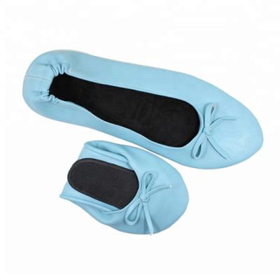 China Soft Light Blue High Grade PU Material Dance Shoes After Party Folding Ballet Pumps in a Purse for sale