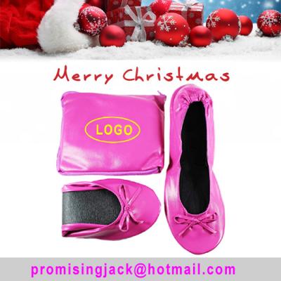 China 2018 Hot Sell Christmas Gift! Factory Wholesale Pink Kidskin Flat Heel Roll up Ballerina Shoes in a Bag for sale