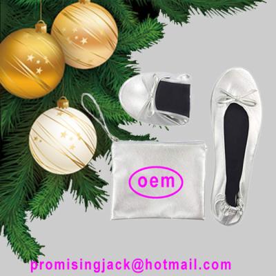 China 2018 Hot Sale Christmas Gifts and Wedding Gift Fold Up PU Ballet Flats in a Purse Silver and Black for sale