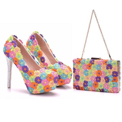 China 2018 Custom Fashion The Same Style Lace Colorful Flowers Sexy High Heels Shoes and Bag for Evening party for sale