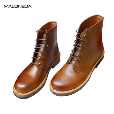China MALONEDE Handmade Retro Round Toe Men's Lace up Ankle Short Boots Genuine Leather Sole Bespoke With Goodyear welted for sale