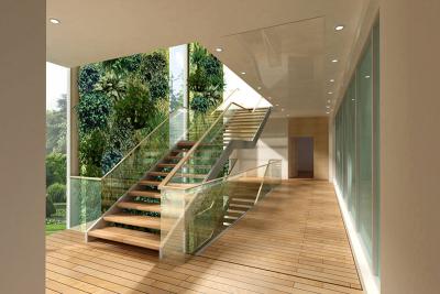 China Straight wooden staircase with tempered clear glass railing indoor for sale