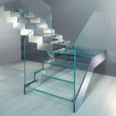 China Glass straight staircase with carbon steel stringer glass railing indoor design for sale