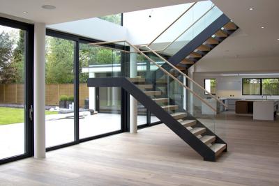 China Interior wooden straight staircase with glass railing free design for sale