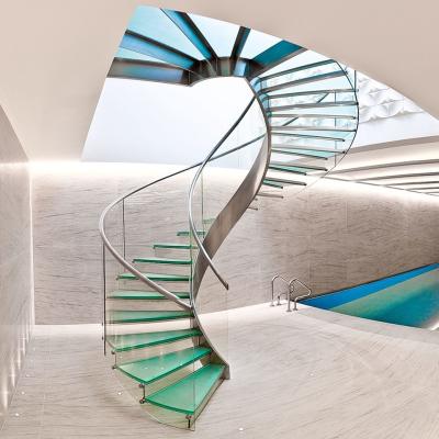 China Interior glass spiral staircase with inox steel rod railing design for sale