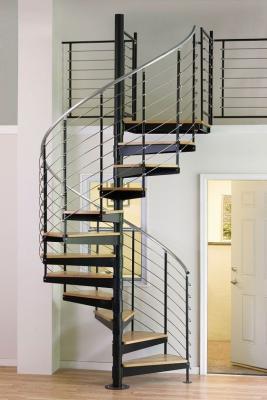 China Interior duplex wooden spiral staircase with inox steel rod railing design for sale