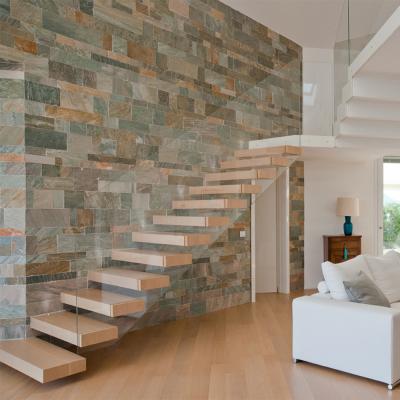 China floating stairs with wooden tread and frameless glass railings for sale