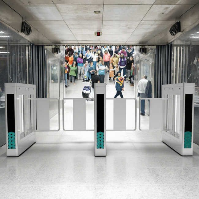 Zento Swing Turnstile Gate front view showing sleek design and LED indicators