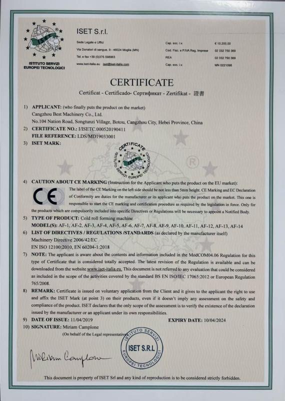 CE CERTIFICATE - Cangzhou Metalign Machinery Co., Ltd.