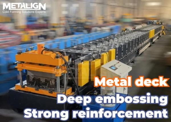 Quality Adjustable Metal Deck Roll Forming Machine With Embossing And Waste Edge Collection for sale