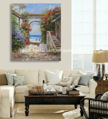 中国 パレット ナイフの海岸の町の油絵のキャンバスの手塗りの風景画 販売のため