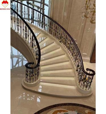 Modern Anti-Slip Beige Marble Waterjet Steps and Treads for Villas Spiral Staircase