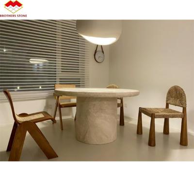 Cina Tavolo da pranzo travertino rotondo e beige lucido Mobili in pietra moderna per soggiorno in vendita